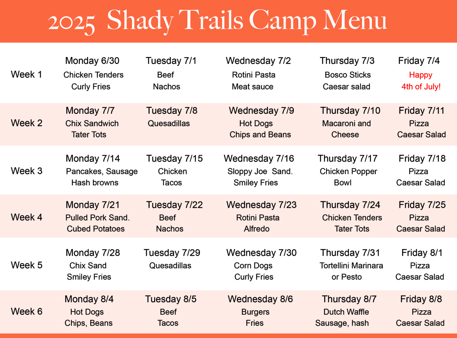 Menus – Shady Trails Camp